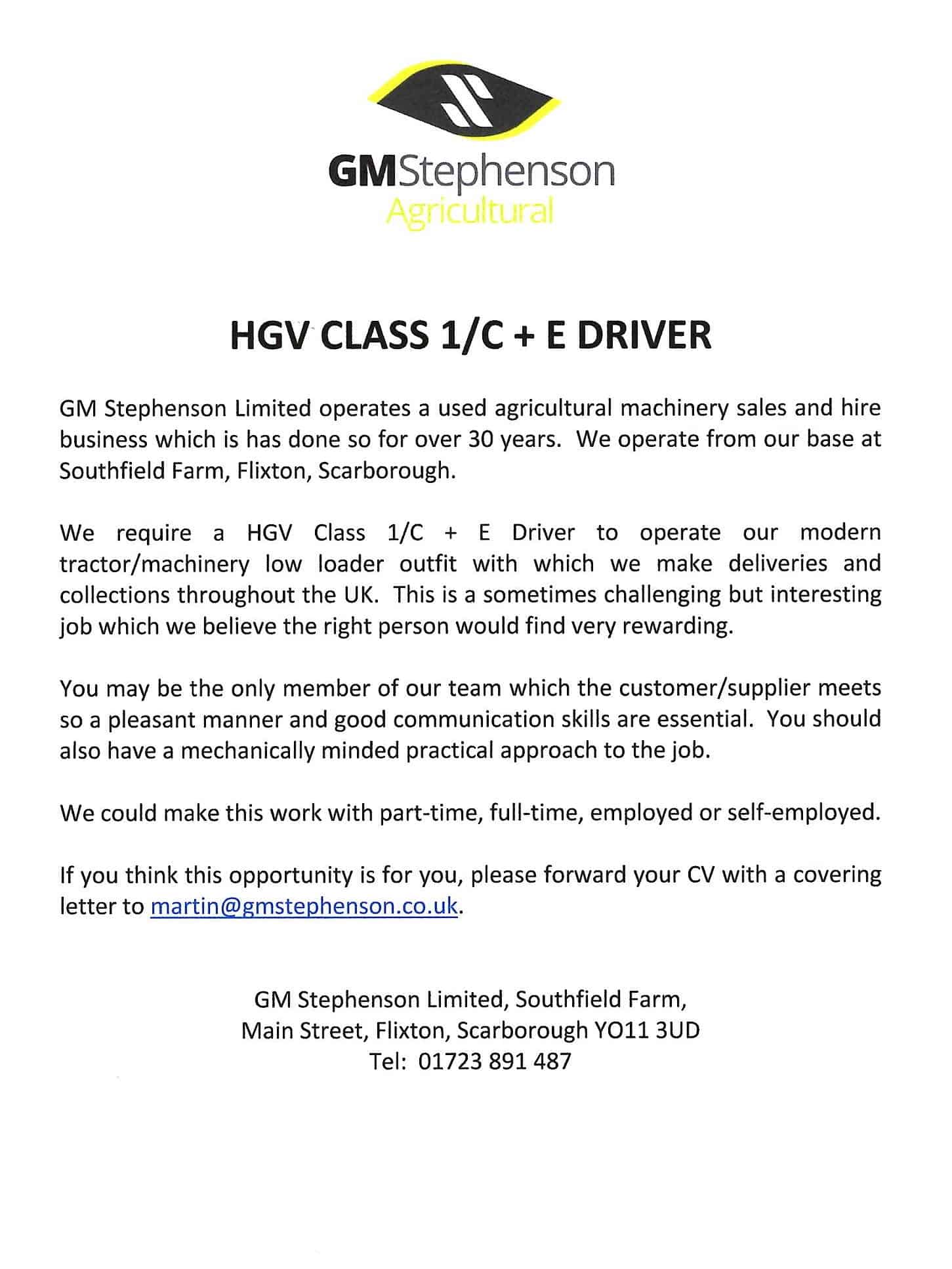 **JOB VACANCY...HGV CLASS 1/C + E DRIVER** - GM Stephenson Ltd